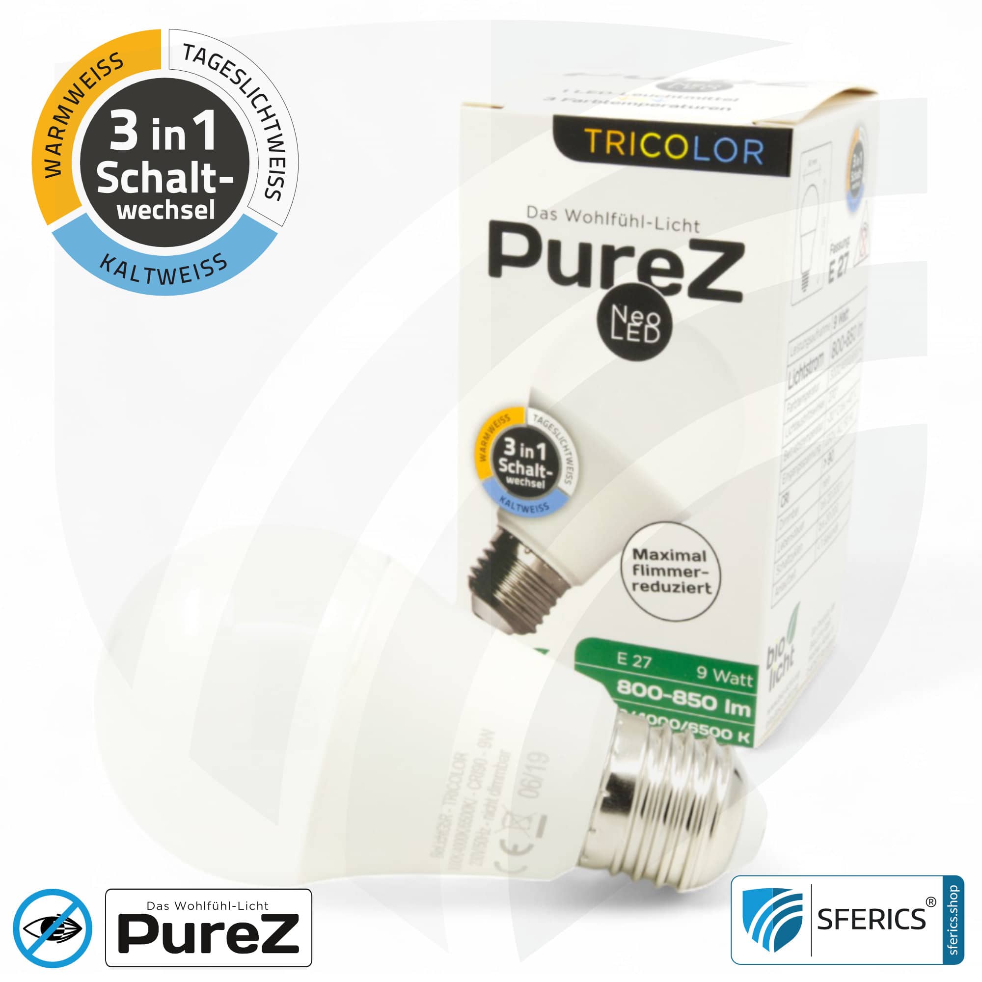 9 watt LED TRICOLOR | 3 light colors | 80 watt bright